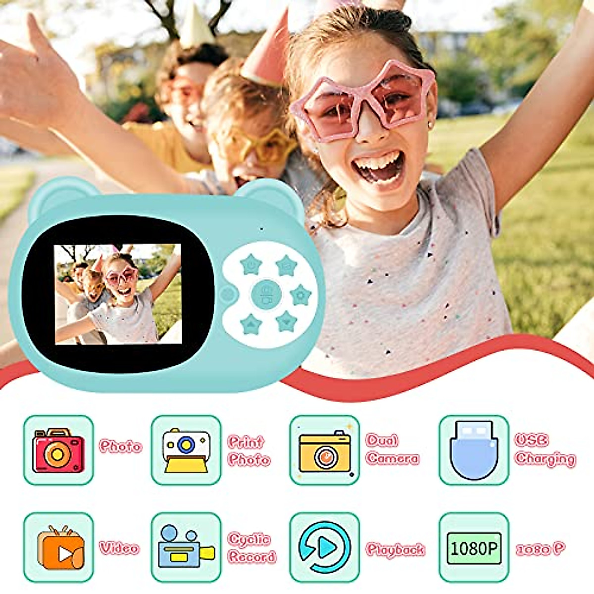 Instant Print Camera for Kids, Zero Ink Kids Camera with 3 Rolls Print Paper 1080P Kids Digital Camera 1600 mAh 32GB SD Card Toy Gifts for Birthday Christmas Holiday Children's Day (Blue)