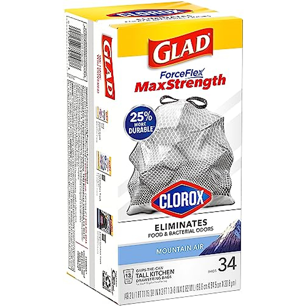 Glad ForceFlex MaxStrength with Clorox Tall Kitchen Trash Bags, 13 Gal, 34 Ct (Package May Vary)