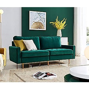 Rhomtree Mid Century Sofa Velvet Fabric Upholster Couch 71” Modern Sectional Futon Bench Loveseat Living Room Sofa with 2 Throw Pillows (Green)