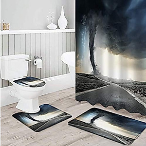 4 Pcs Shower Curtain Sets Tornado and Lightning Waterproof Fabic Bathroom Set with Non-Slip Rugs Toilet Lid Cover Bath Mat, Rolling On The Road Shower Curtain with Hooks -36x72 inch, Large