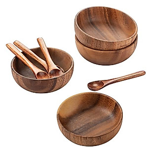 muso wood 3.9" Acacia Wood Bowl, Small Wooden Sauce Bowl for Party, Serving Bowls for Nuts, Salad, Appetizer, Condiments, Snacks (FREE 4 Wood Spoons, Set of 4)