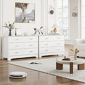 HOSATCK 6 Drawer Dresser, Modern White Wide Chest of Drawers with Metal Handels, Wood Double Dresser, Storage Chest Organizers for Living Room, Hallway, Entryway, White
