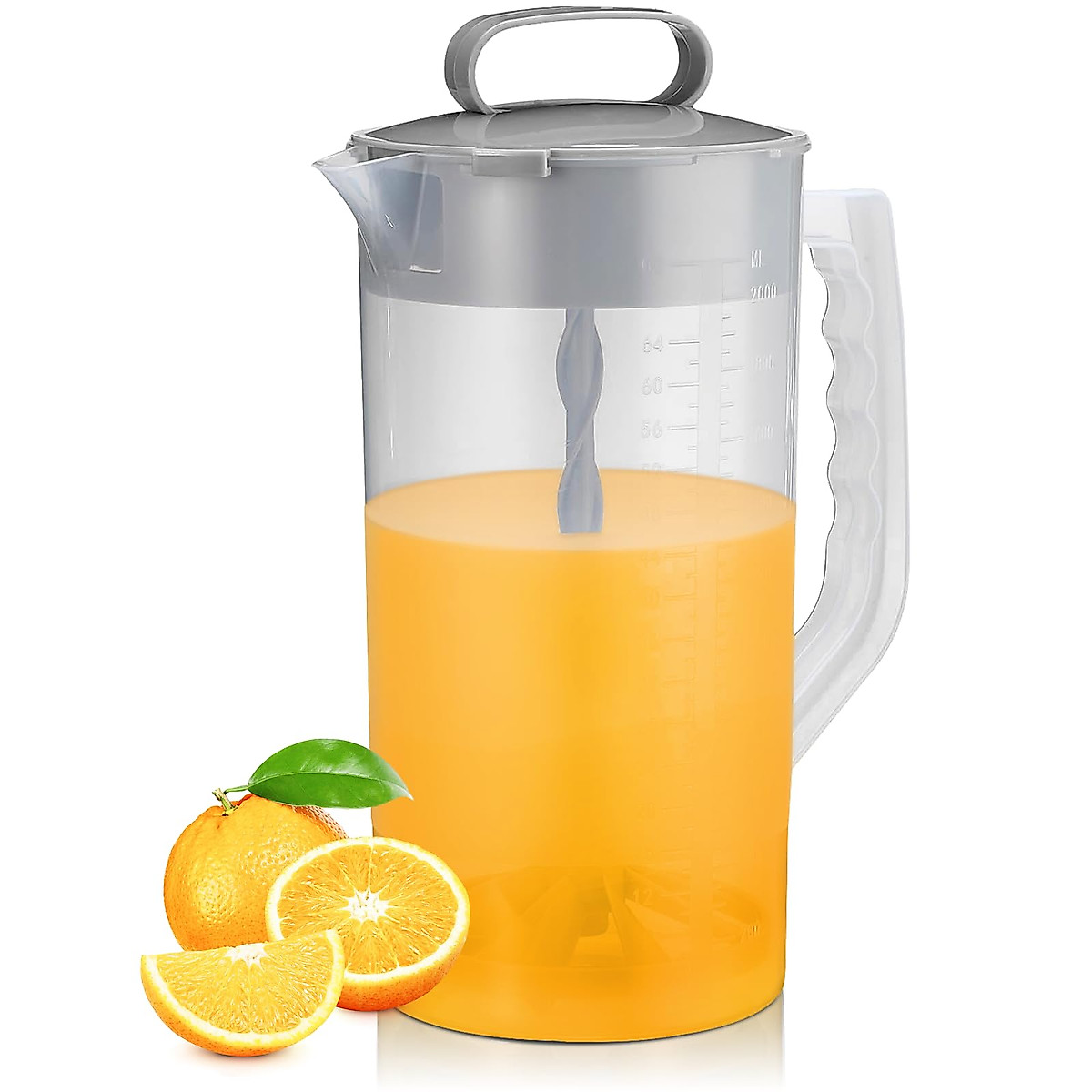 Mixing Pitcher for Drinks, 2 Quart/ 64oz Plastic Water Pitcher with Lid, Angled Plastic Blades and Adjustable Mixer Plunger for Juice, Powdered Milk, Beverage Container (One)