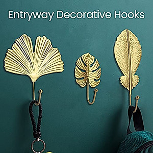 ORYOUGO Set of 8 Decorative Leaves Iron Hooks Plant Modern Key Holder Wall Mounted Single Prong Coat Hanger for Hallways, Living Room, Green+Gold