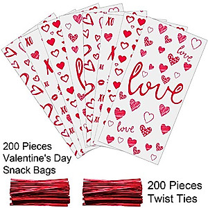 Aneco 100 Pack Valentine Cellophane Bags Valentine's Day Candy Cookie Bags 4 Styles Valentine Gift Bags Plastic Clear Cellophane Bags with Twist Ties for Valentine Party Favor Supplies