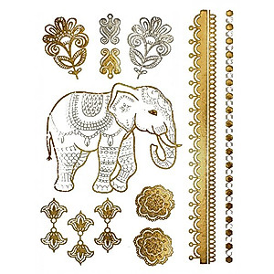 Terra Tattoos Gold Metallic Temporary Tats Geometric Henna Designs Waterproof Nontoxic Long Lasting Perfect for Beach, Festivals, & more! (Maya)