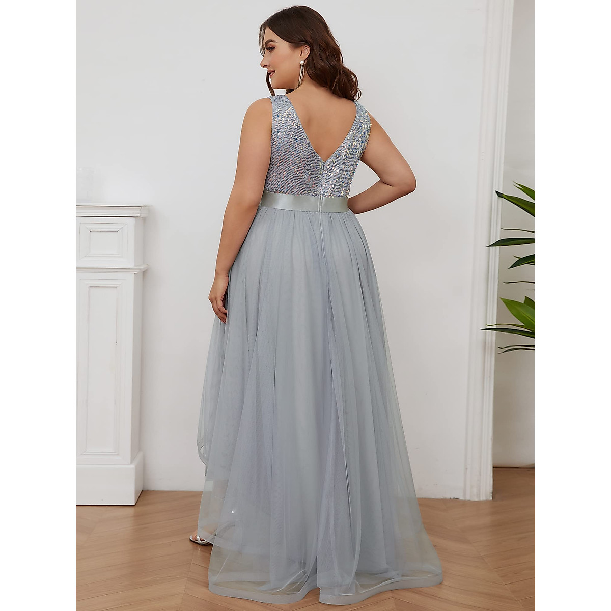 Ever-Pretty Womens Double V Neck A Line High Low Sequin Tulle Plus Size Formal Dresses for Curvy Women Silver US16