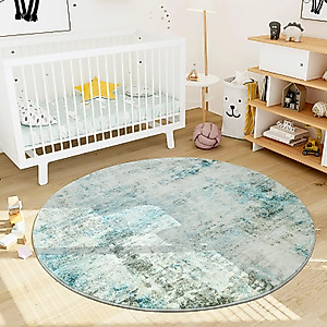 Asrug Large Teal Round Rug 6ft, Abstract Circle Rugs for Living Room Non-Slip Machine Washable Round Area Rug for Kitchen Bedroom Nursery Dining Room, Modern Soft Throw Floor Carpet Low Pile