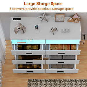 FJTJBSI Dresser with Power Outlets and LED Lights Wooden 6 Drawer Dresser with Large Organizer Tall White Dresser for Bedroom Chest of Drawers Closet Modern Dresser for Living Room Kids Room Hallway