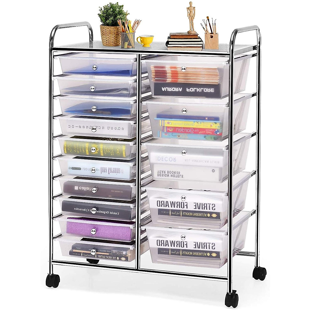 HAPPYGRILL 15 Drawer Storage Drawer Cart Organizer Cart Tools Office School Utility Cart Paper Organizer Rolling Storage Cart with Wheels