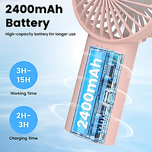 Portable Handheld Fan,3 Speeds Powerful Personal Fan with Flashlight, USB Rechargeable 2400mAh Battery Operated Fan for 3-15 hours, Mini Pocket Fan for Travel, Outdoor, Office
