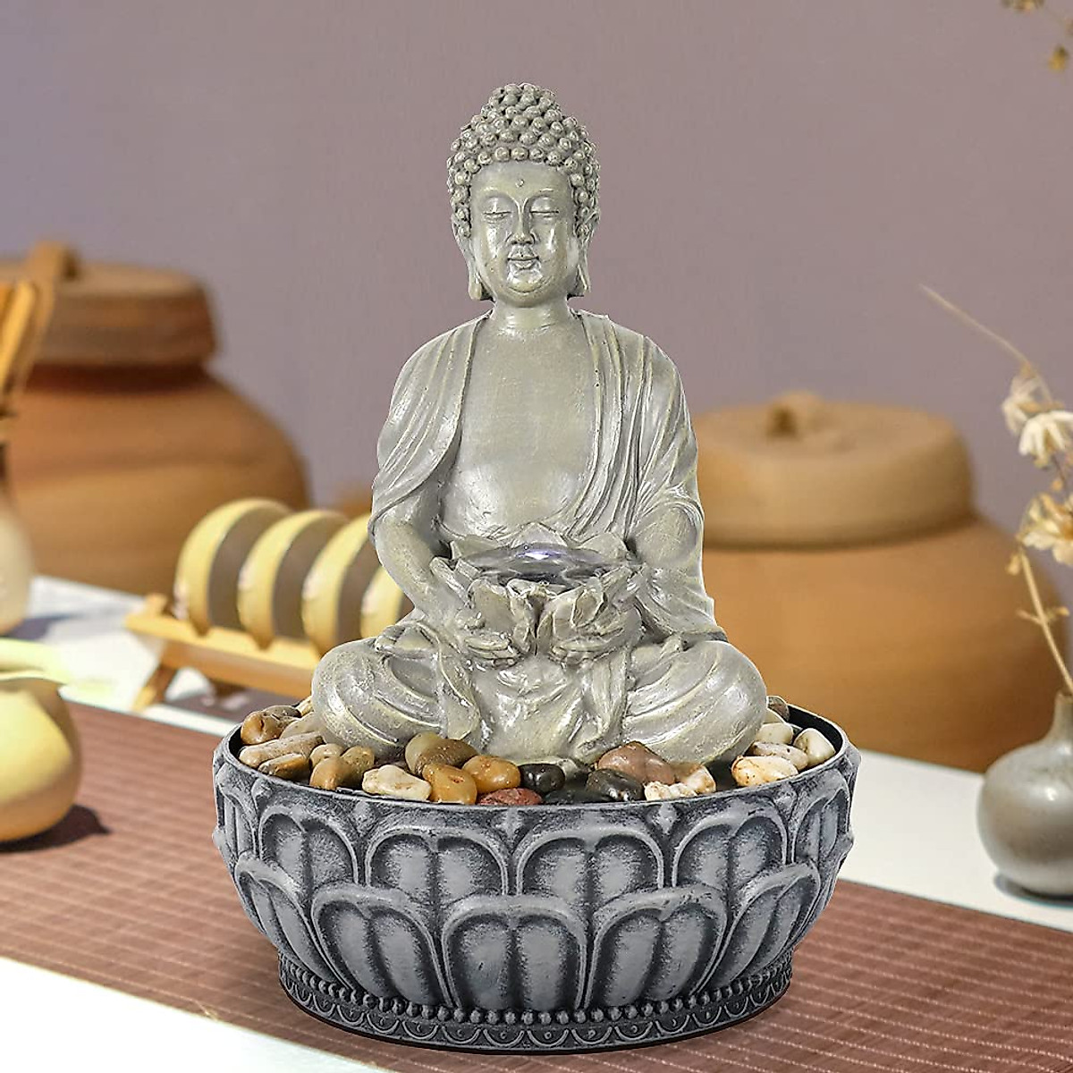 BBabe 11.4inches Sitting Buddha Fountain, Led Indoor Waterfall Fountain Fengshui Meditation Relaxing Decor for Home Office