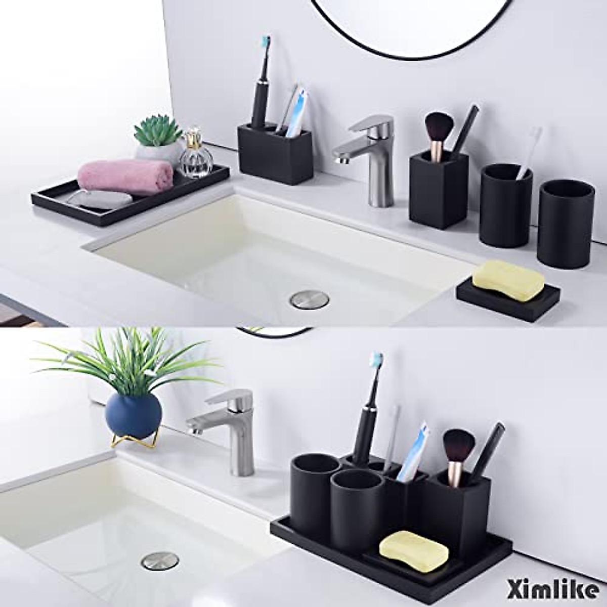 Ximlike Matte Black Bathroom Accessories Set 6 Pieces, Bathroom Accessory Set Bathroom Decor with 1 Vanity Tray, 2 Tumbler Cups, 1 Makeup Brushes Holder, 1 Toothbrush Holder, 1 Soap Dish