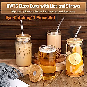 DWTS DANWEITESI Glass Cups with Lids and Straws 4pcs Set 16oz Iced Coffee Cups,Glass Coffee Cups with Lids and Straw,Beer Can Glass with Lids and Straw