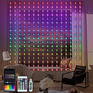 LumBelle Smart Curtain Lights RGB 5050 Built in Chip, Color Changing Curtain Lights with Music Sync APP Remote Control, 8Ft x 6Ft 144LED USB Curtain Fairy String Lights for Party Patio Garden Decor