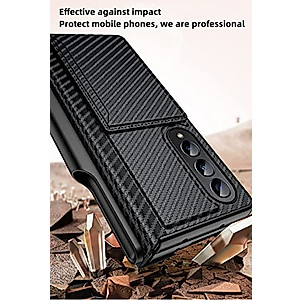 BAILI Samsung Z Fold 4 Leather Wallet Case,Samsung Galaxy Z Fold 4 Case with Card Slots,Galaxy Z Fold 4 Case with Card Holder Kickstand and Detachable Pen Slot Protective Case Carbon Fiber