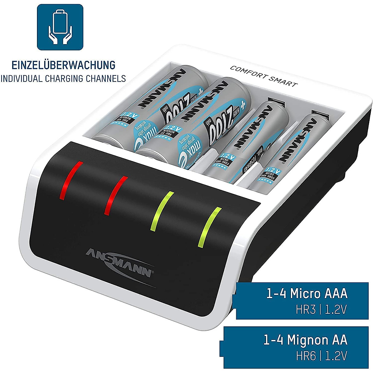 ANSMANN Battery Charger for 1-4 AA/AAA Batteries - with Perfect 7 Charging Technology & Repair Mode - Comfort Smart + 4 pcs Ansmann AA 2850 mah Slimline Rechargeable Batteries