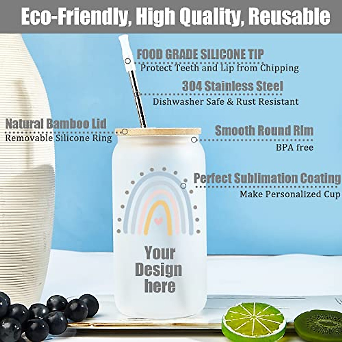 WindMage 4 packs 16 oz Frosted Sublimation Glass Cans Blanks with Bamboo Lid, Stainless Straw, Brush, Silicone Tip, Reusable Drinking Beer Cans Iced Coffee Glasses Jar Tumbler Cups