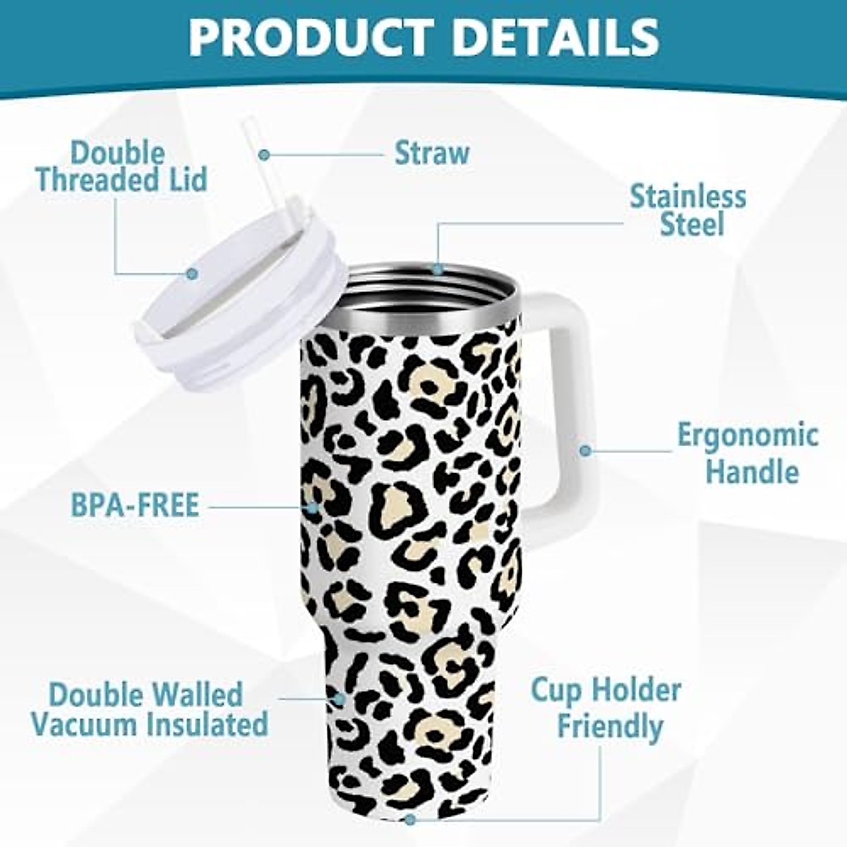 ODAWA Stainless Steel Tumblers Large with Straw and Handle, Black White Leopard Print Travel Insulated Tumblers