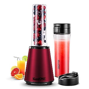 ICOOKPOT Smoothies Blender Electric Personal Size Blender for Shakes and Smoothies Frozen Fruit Vegetable Juice Blender Baby Food Maker With 2 BPA-Free Portable Sport Bottles 300W, Red