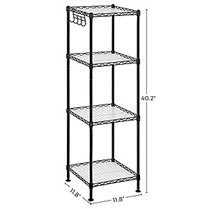 SONGMICS Bathroom Shelf, Storage Rack for Small Space, Total Load Capacity 176.4 lb, 11.8 x 11.8 x 40.2 Inches, with 4 PP Sheets, Removable Hooks, Extendable Design, Black and Translucent ULGR104B01
