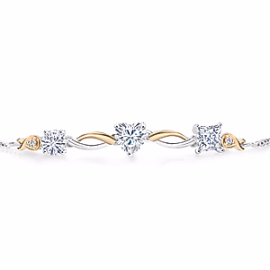 Gem Stone King 925 Silver and 10K Yellow Gold Princess Round and Heart White Moissanite and White Lab Grown Diamond Tennis Bracelet For Women By Keren Hanan (1.72 Cttw, Fully Adjustable Up to 9 Inch)