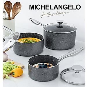 MICHELANGELO Sauce Pan with Lid, Granite Saucepans with Lids, 1Qt & 2Qt & 3Qt Sauce Pan Sets, Nonstick Saucepan Set with Stainless Steel Handle, Oven Safe, Grey