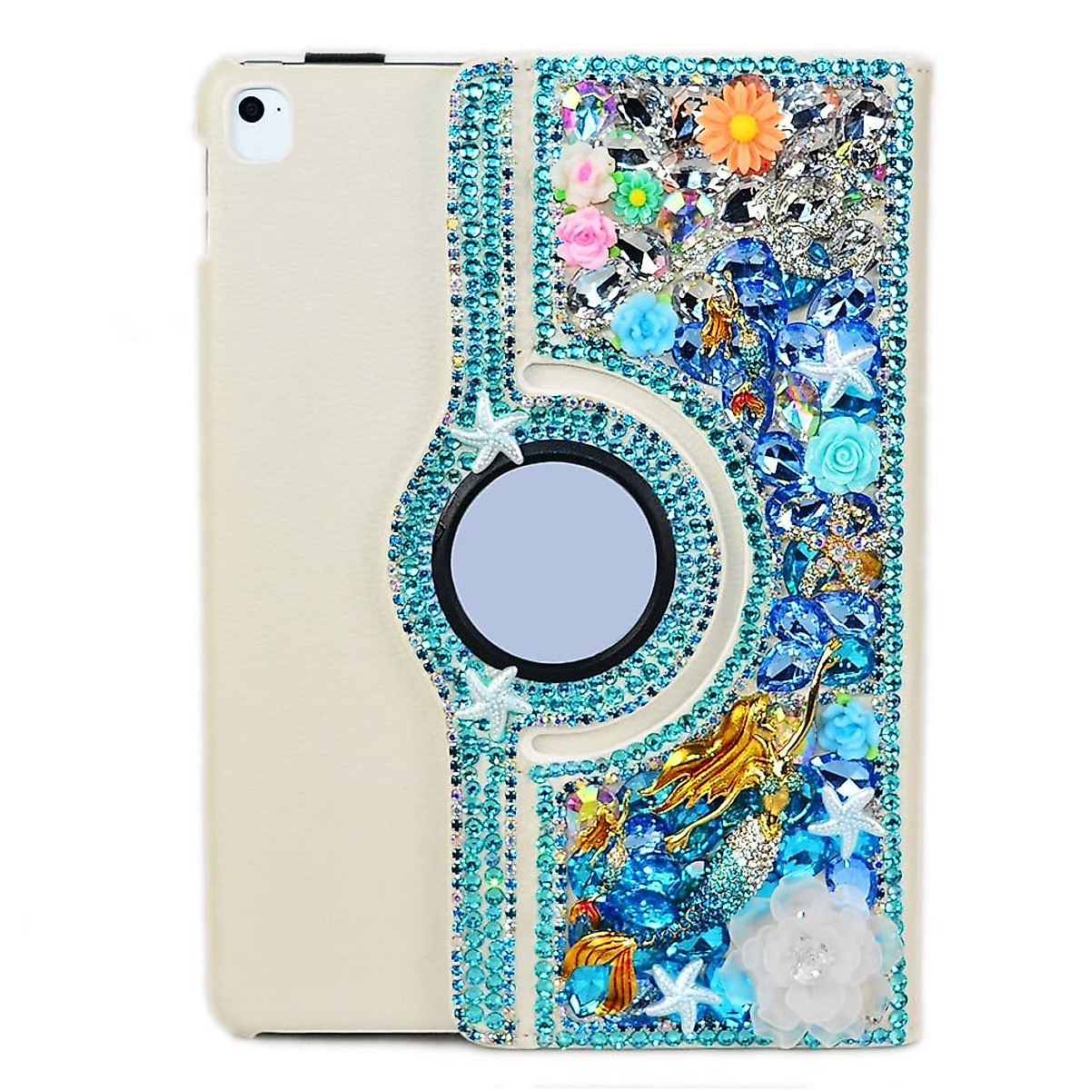 STENES Bling Case Compatible with Samsung Galaxy Tab S7 FE 12.4-inch 2021 - Stylish - 3D Handmade Mermaid Flowers Floral 360 Degree Rotating Stand Case with Smart Cover Auto Sleep/Wake - Navy Blue