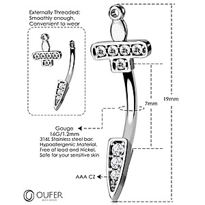 OUFER Rook Piercing Jewelry, 16G 316L Surgical Steel Daith Earrings, Dagger Rook Earrings, Clear CZ Eyebrow Rings, Curved Barbell, Conch Piercing Jewlery