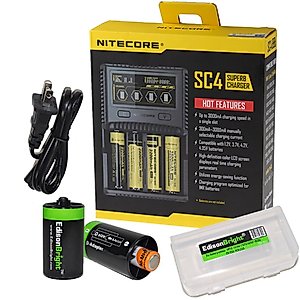 EdisonBright NITECORE SC4 Universal Smart 4 Slot Battery Charger Bundle BBX3 Battery Box and 2 X AA to D Type Battery Spacer/Converters