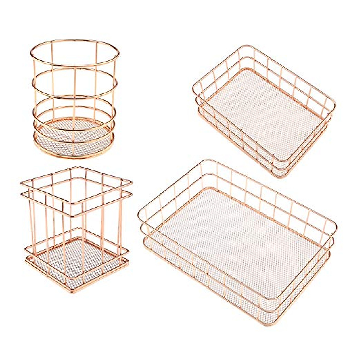 SING F LTD 4X Rose Gold Wire Mesh Basket Box Storage Container Metal Storage Baskets Set Iron Hollow Makeup Brush HolderBathroom Bedroom Decor