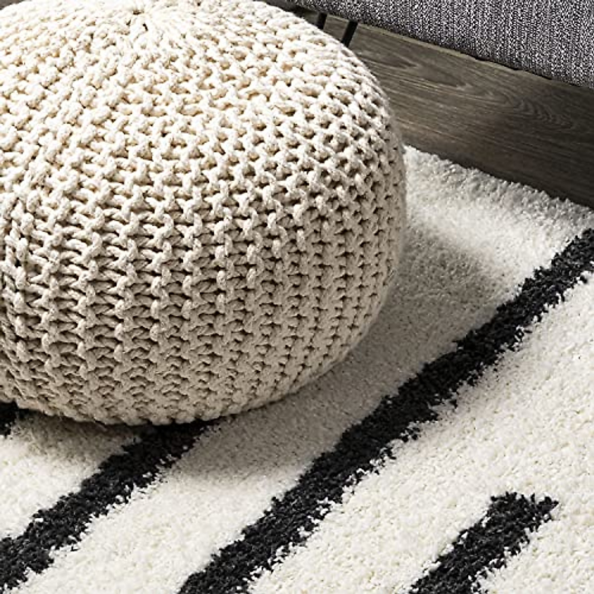 JONATHAN Y MOH402A-8 Alaro Berber Stripe Shag Indoor Area-Rug Bohemian Geometric Contemporary Glam Easy-Cleaning Bedroom Kitchen Living Room Non Shedding, 8 X 10, White/Black