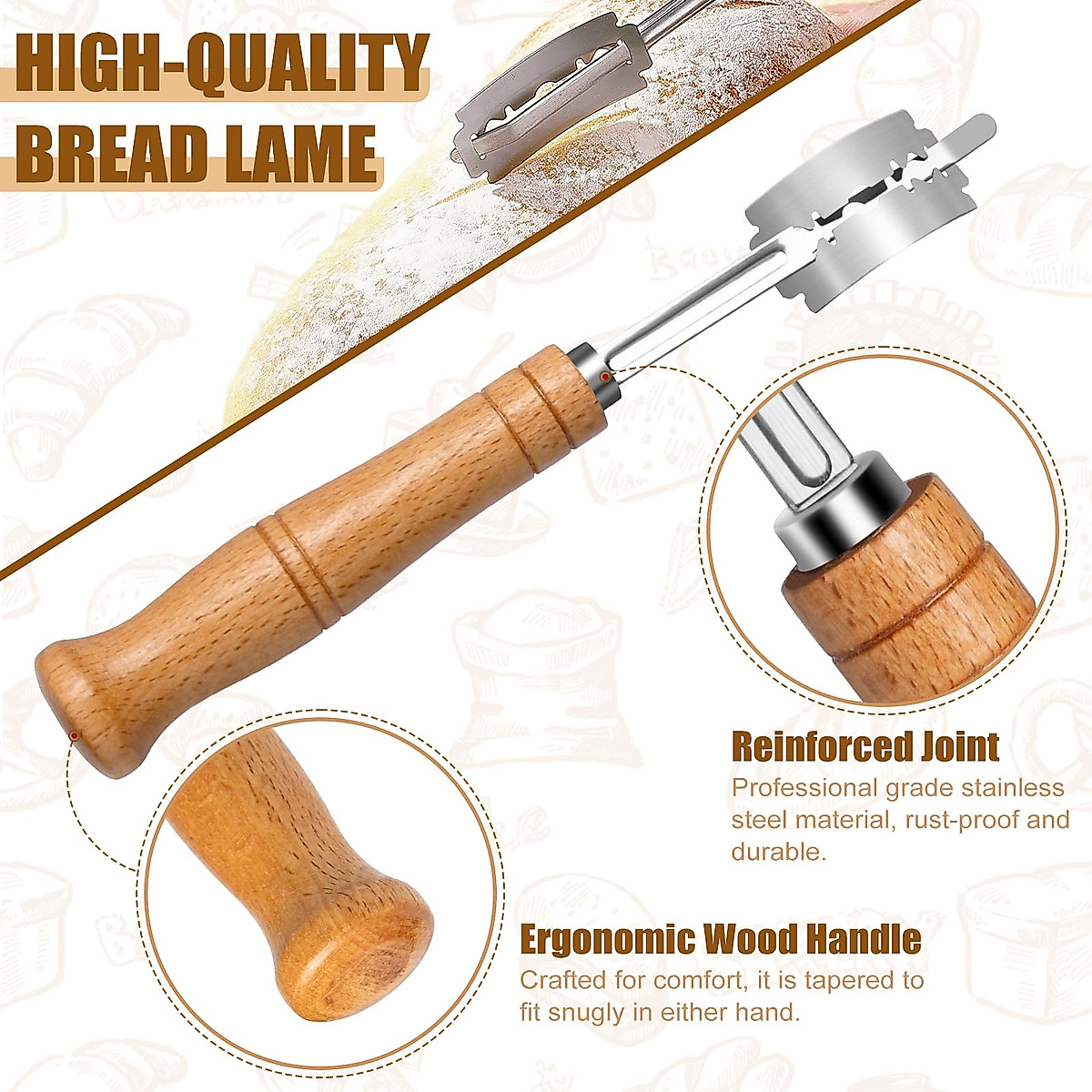 Rongyman Bread Lame with 10 Pieces Replaceable Blades, Stainless Steel Bread Lame Knife with Wooden Handle, Sourdough Scoring Tool with Leather Protective Cover for Bread Baking