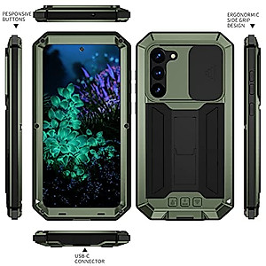 FW Samsung Galaxy S23 Ultra Metal Case with Slide Camera Cover Built in Screen Protector Full Body Hybrid S23 Ultra Case Metal Kickstand Military Heavy Duty Armor Silicone Case for Man Woman (Green)