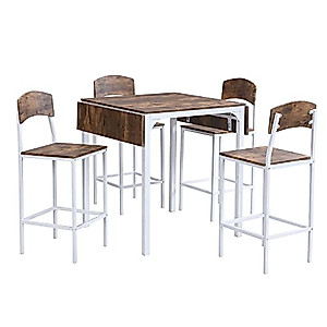 VilroCaz 5-Piece Counter Height Dining Table Set Bar Table Set, Farmhouse Drop Leaf Dining Table, 4 Counter Height Comfort Dining Chairs with Footrest, Space Saving Design (White Frame)