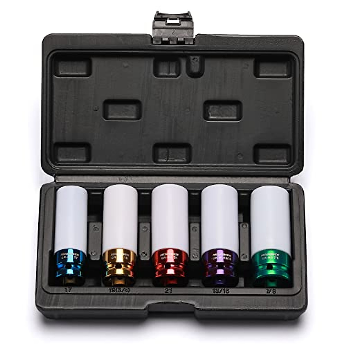 MIXPOWER 5 Pieces 1/2" Drive Wheel Protector Impact Socket Set, CR-MO, Metric/SAE, Thin Wall Deep Impact Socket Set, 6 Point, Color-Coded, 17mm, 19mm, 21mm, 13/16", 7/8"