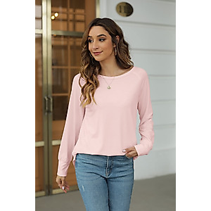 Womens Tunic Tops Long Sleeve Round Neck Soft Loose Long Blouse Shirts Side Split Casual T Shirt Pink