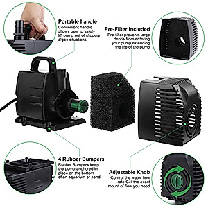 HUWLUIWA 1300 GPH Submersible Water Pump Pond Pump with 16.5ft. Power Cord, Fountain Pump with 3 Nozzles for Aquarium Fish Koi Tank Hydroponics Statuary Waterfall 100W