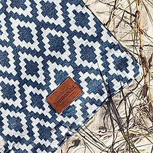 Komorebi Large Outdoor Waterproof Picnic Blanket (78"x59") 100% Cotton | Leather Carrier | Soft Diamond Jacquard Picnic Mat for up to 4 Adults (Blue/White)