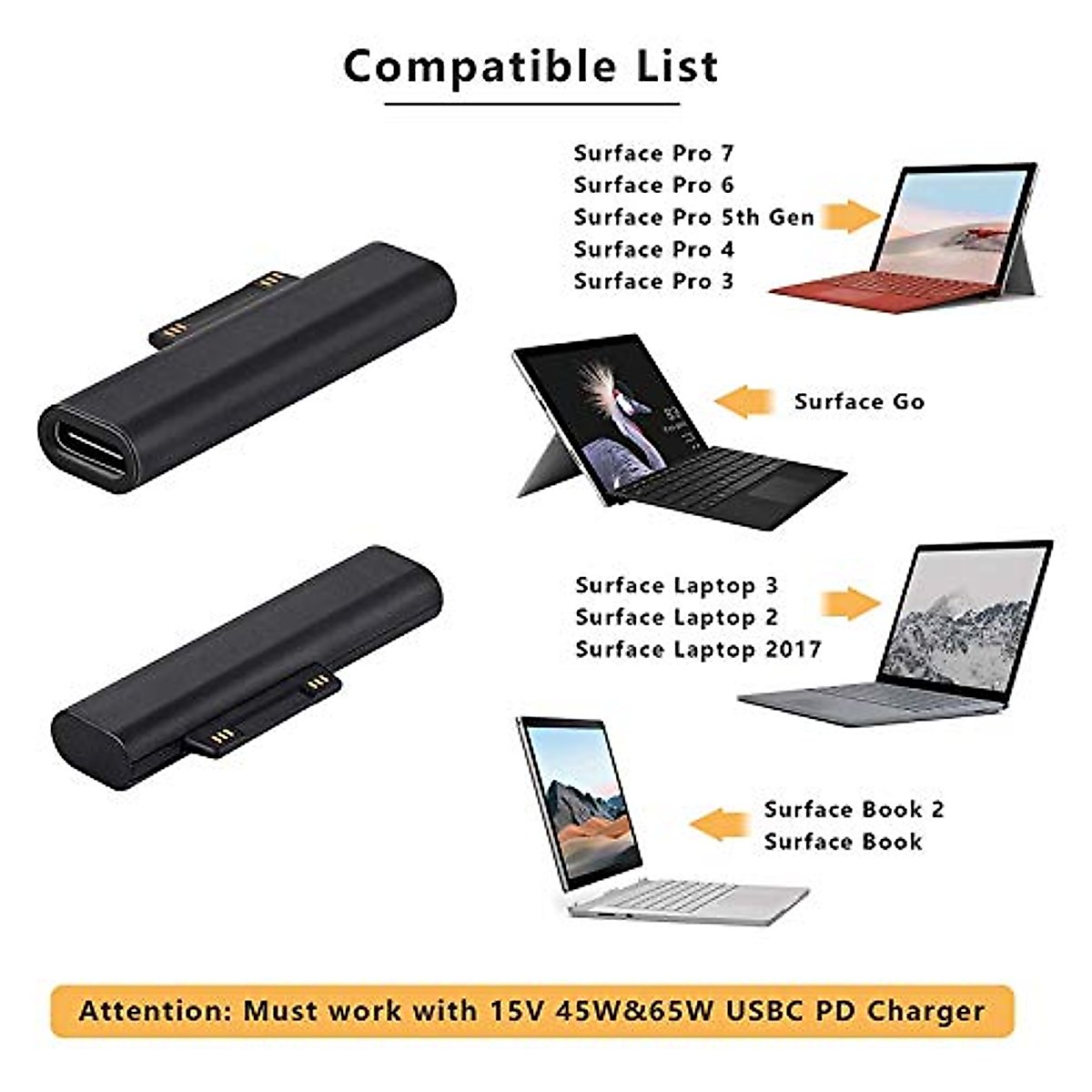 BINZET [Updated] 15V 3A Surface Connect to USB-C Charging Adapter, Compatible for Microsoft Surface Pro 7/6/5/4/3, Surface Laptop/Go/Book [1 Pcs Only]