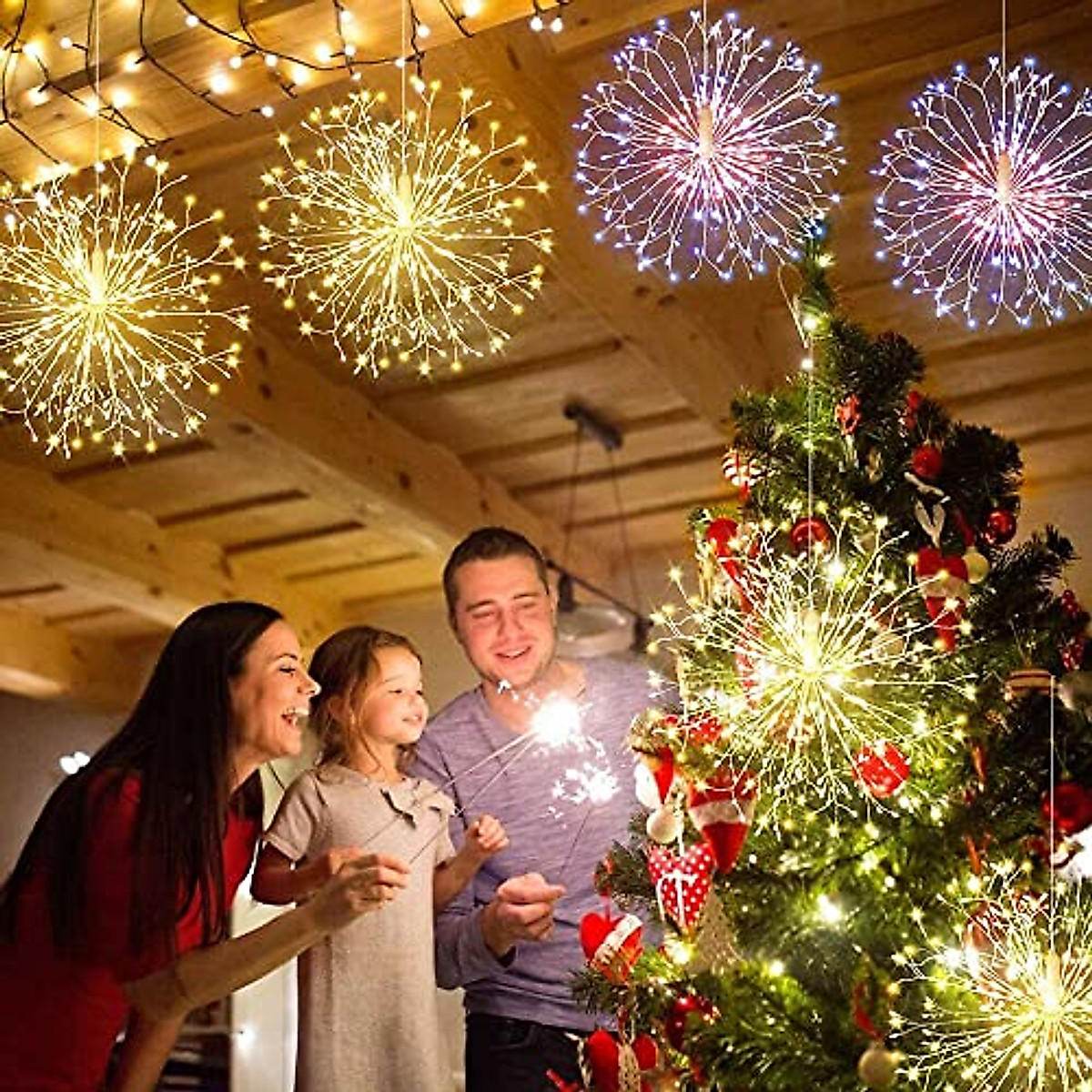 QNUBKTFY Firework Lights Wire Lights,120 LED DIY 8 Modes Dimmable String Fairy Lights with Remote Control,Waterproof Decorative Hanging Starburst Lights for Christmas Home Patio, Warmwhite(4 Pack)