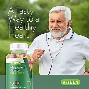 Magnesium Citrate Gummies for Adults & Teens - Maximum Strength 255mg, Supports Calm Mood, Optimal Relaxation, Muscle Function - Vegan, Gelatin Free - Tasty Chewable Raspberry & Peach Flavored Gummy