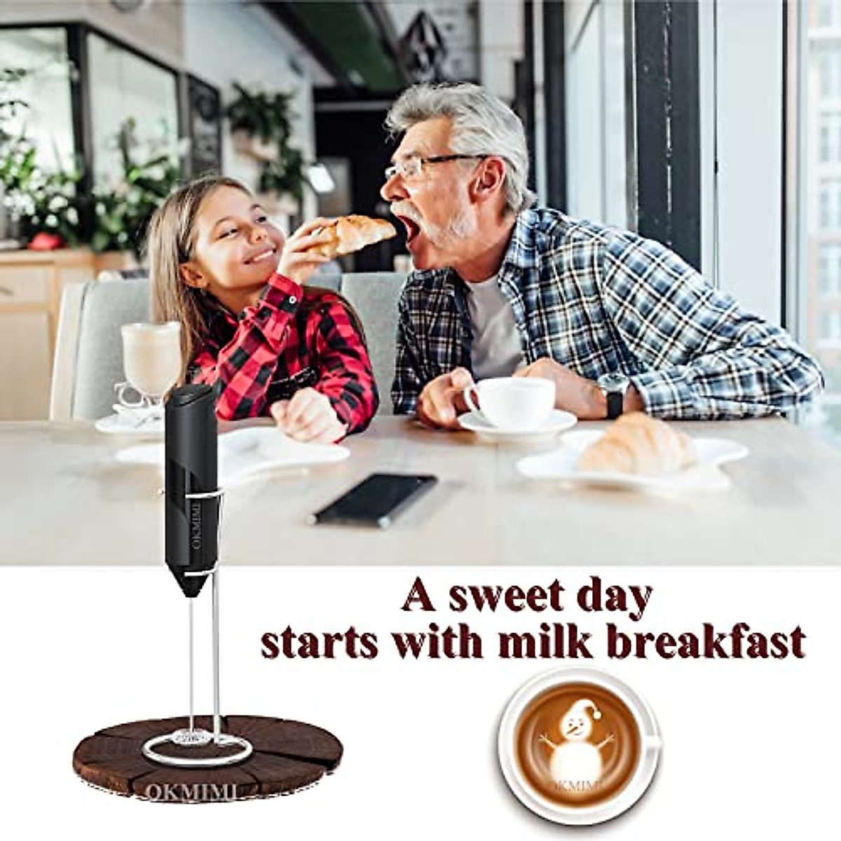 OKMIMI Milk Frother Handheld with Stand, Electric Whisk Drink Mixer for Lattes, Coffee, Cappuccino, Hot chocolate, Battery Operated(not included) Stainless Steel Mini Foamer Cool Kitchen Gadgets