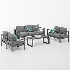 Solaste Aluminum Patio Furniture Set,5 Pieces Modern Outdoor Conversation Set Sectional Sofa with Upgrade Cushion and Tempered Glass Table top Coffee Table,Grey