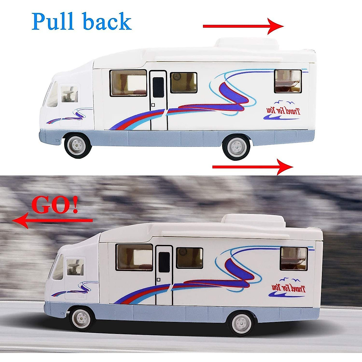 HAPTIME Cool Mini Motorhome Toy Die-cast Car Pullback Recreational Vehicle Pull Back RV with DIY Furnitures Holiday Camper Van Model for Kids Children Gift 7.6 inch (White)