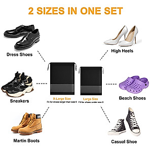 SPIKG Shoe Bags for Travel, 12 Pcs Portable Travel Shoe Bags for Packing, Shoe Organizer, Clear Drawstring Bags Non-Woven Fabric, Travel Shoe Bags for Women and Men (6 XL & 6 L) - Black