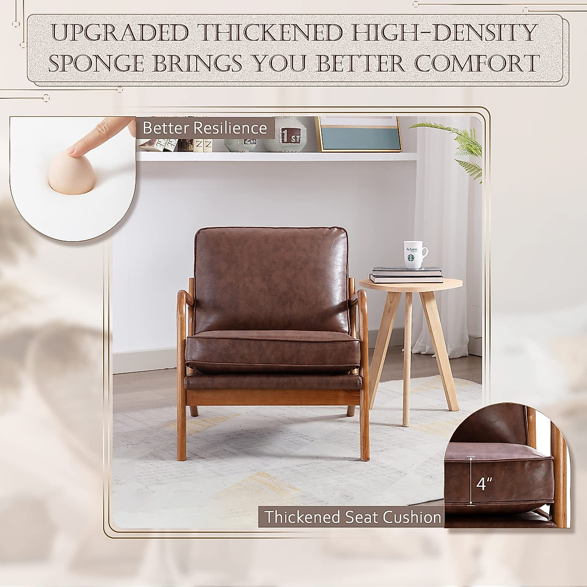 Upholstered Mid Century PU Leather Accent Chair, Comfy Lounge Armchair with Thicken Cushion, Modern Wooden Arm Chair, Sturdy Reading Chair for Living Room, Bedroom, 300 LBS Weight Capacity, Brown