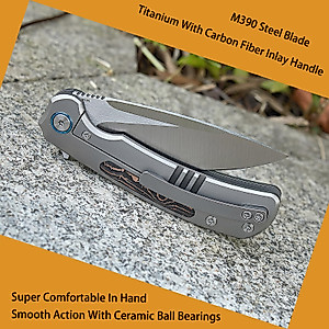 Miguron Knives M Tamto Flipper Folding Knife,3.48" Hand Ground Hollow Rubbed Satin M390 Blade Titanium Handle With Bronze Carbon Fiber Inlay,Camping Hiking Pocket Knife MGR-619CBN