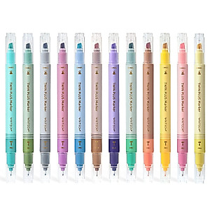 WRITECH Dual Tip Highlighter Markers: Aesthetic Fine Tip & Chisel Tip Pastel Vintage Marker Highlighters Multicolor Pens Pack No Bleed & Smear for Bible Highlighting Journaling, Assorted Colors 12ct
