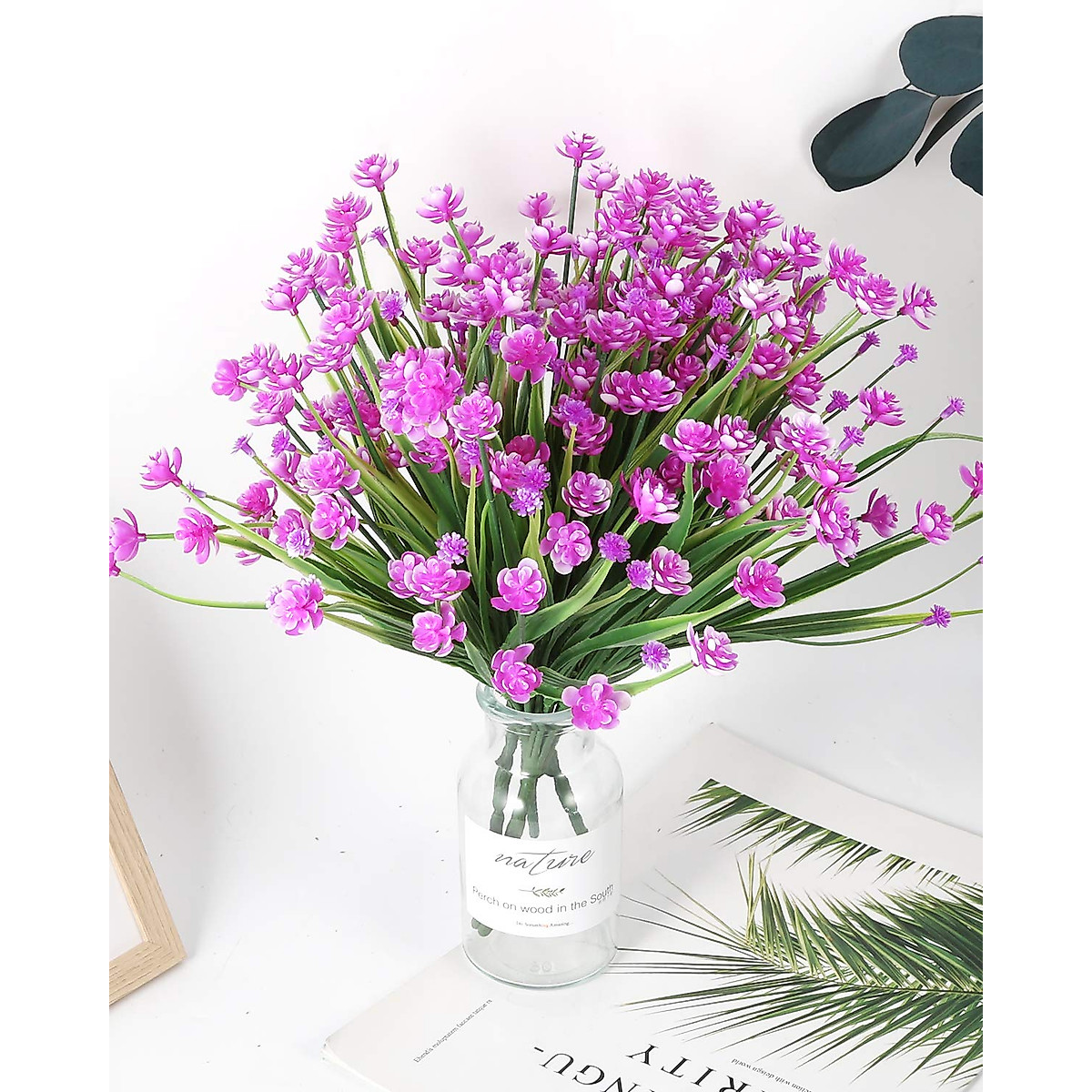 Omldggr 5 Bundles Artificial Flowers Outdoor, Plastic Flowers Faux Greenery Shrubs Plants for Hanging Planter Home Wedding Garden Decor(Purple RED)